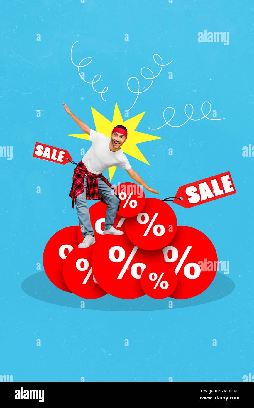 Creative retro 3d magazine image of happy smiling mini guy having fun ...
