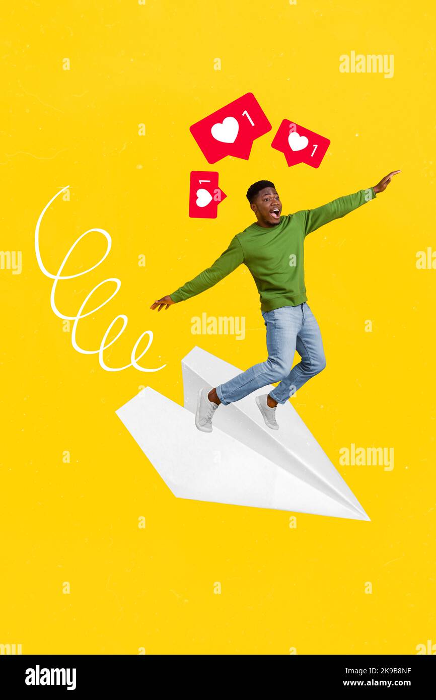 Vertical collage image of amazed mini guy stand flying paper plane like ...