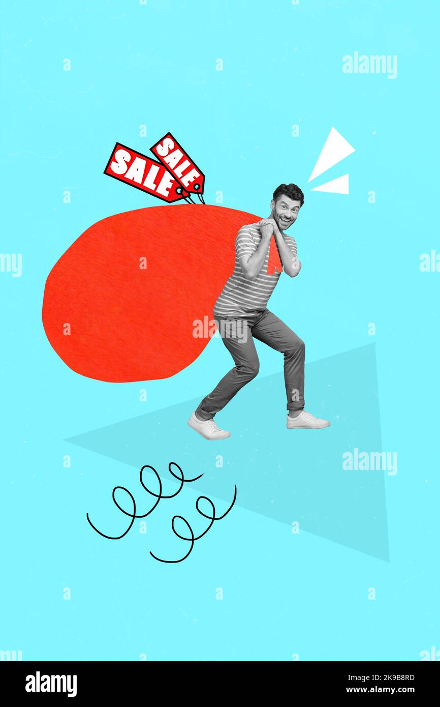 Collage artwork graphics picture of funny funky guy holding big red ...