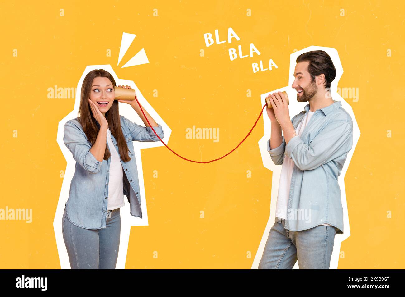 Composite collage of two excited people communicate connected cups ...