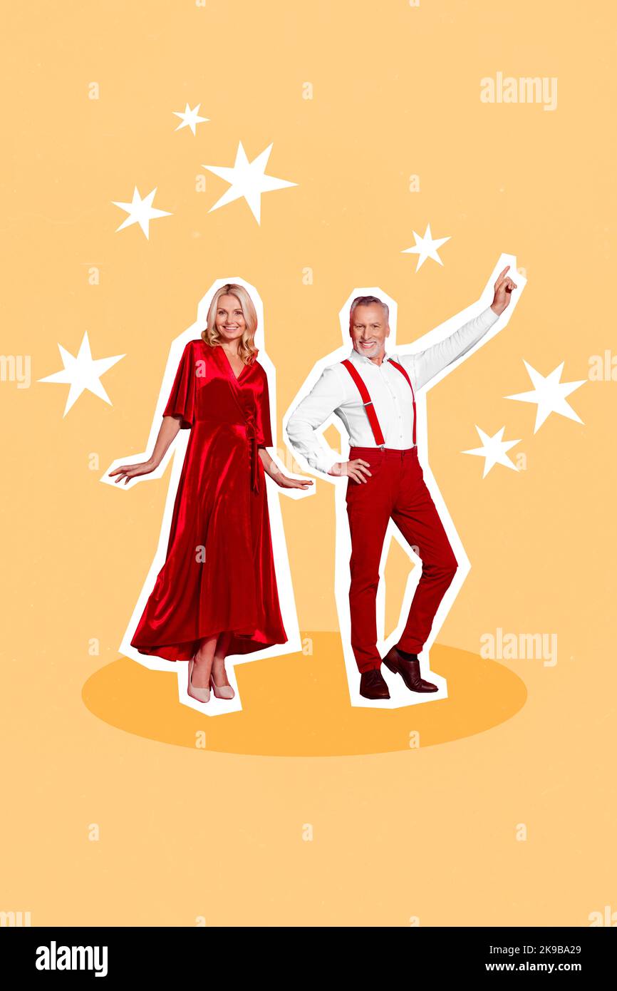 Vertical collage picture of two elegant aged people enjoy dancing ...
