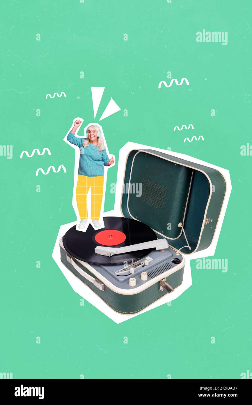 3d Retro Abstract Creative Artwork Template Collage Of Happy Smiling Age Lady Having Fun Old