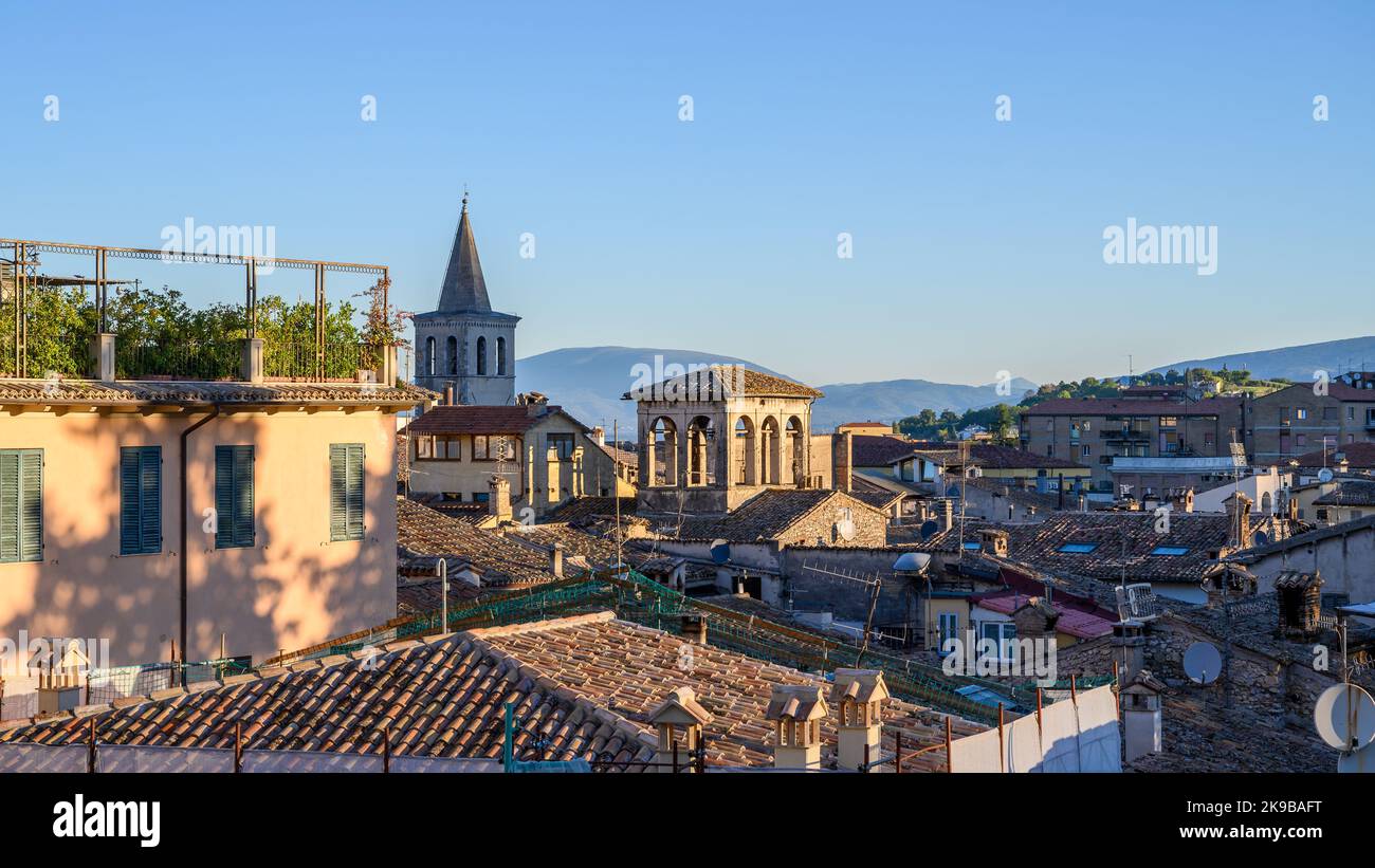 Rooftop view in old town Spoleto with traditional stone houses and ...