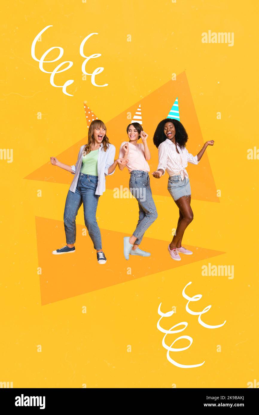 Vertical creative collage photo of happy funky positive friends girls ...