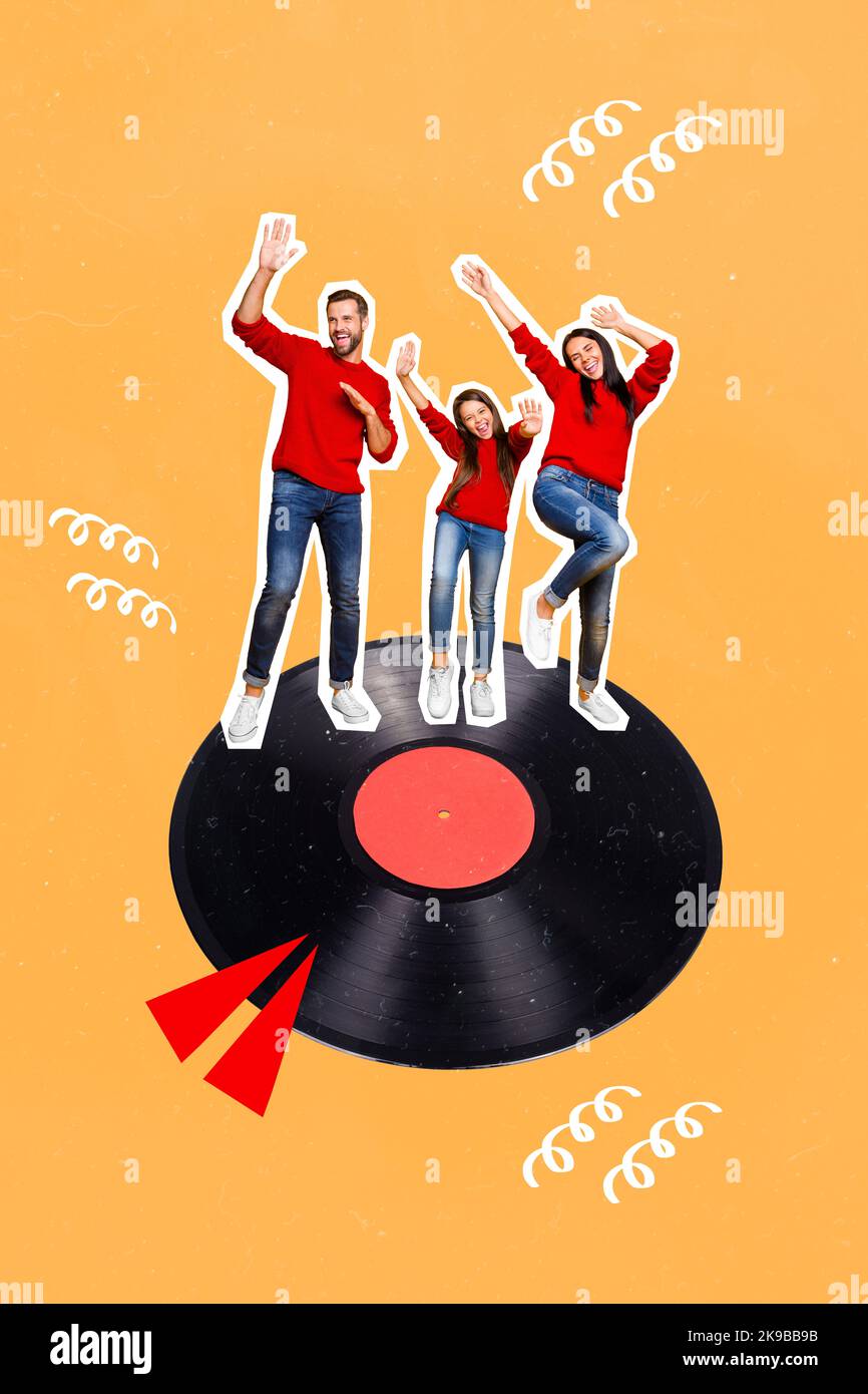 Vertical collage picture of three overjoyed positive people dancing big ... Vertical collage picture of three overjoyed positive people dancing big ...
