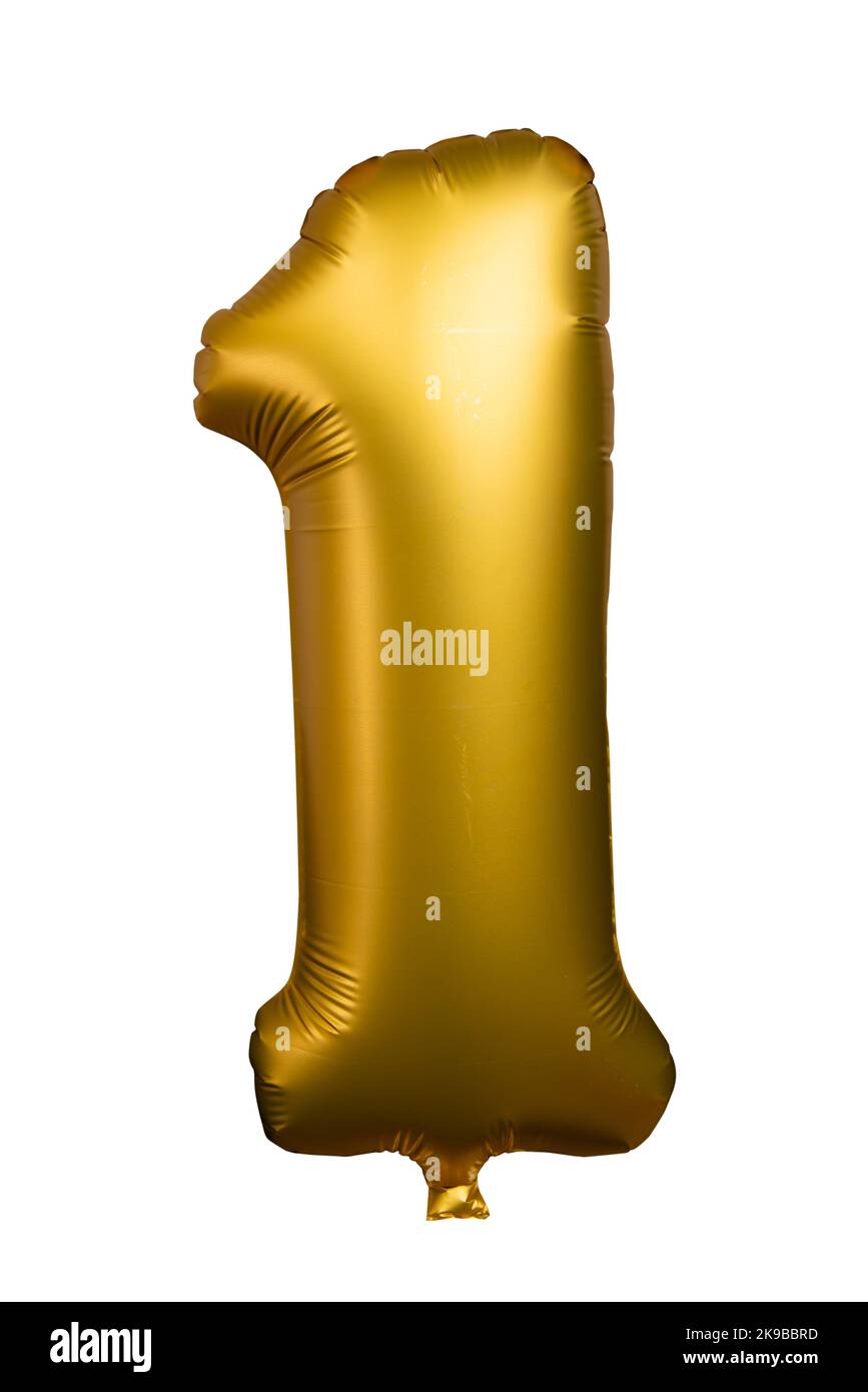 Golden air balloon in the shape of number 1 isolated on white ...