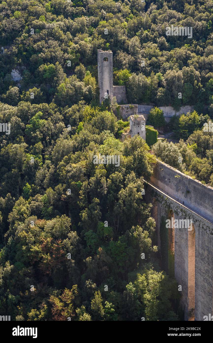 The medieval Ponte delle Torri (Tower Bridge) crossing over a gorge to ...