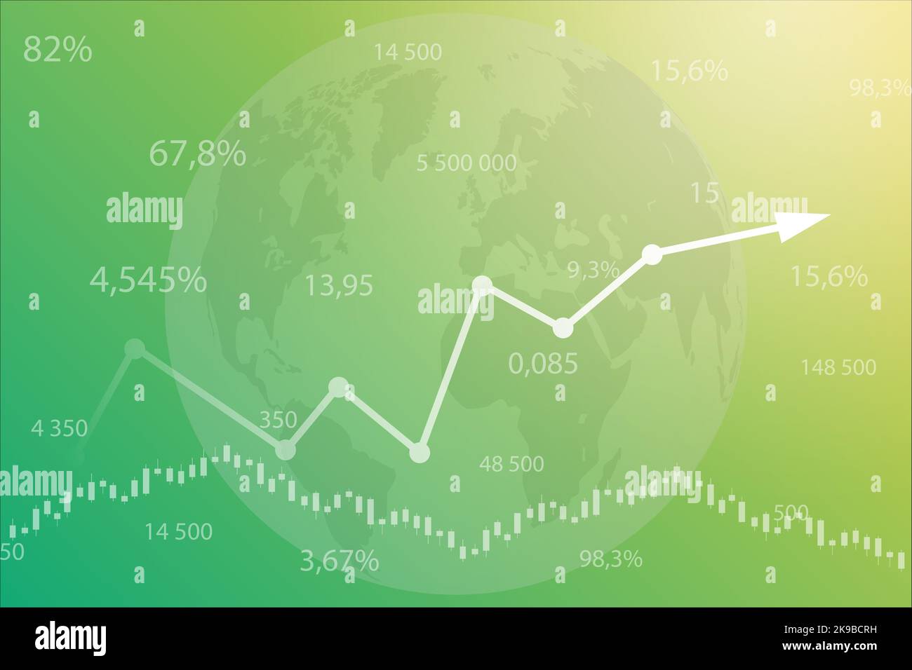 Green and yellow finance background with candlesticks, arrow, numbers ...