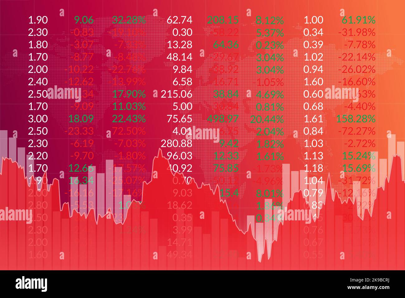 Red finance background with columns, lines, numbers, world map Stock ...