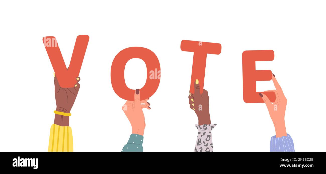 Group of different female hands holding red word Vote. Diverse multi ...