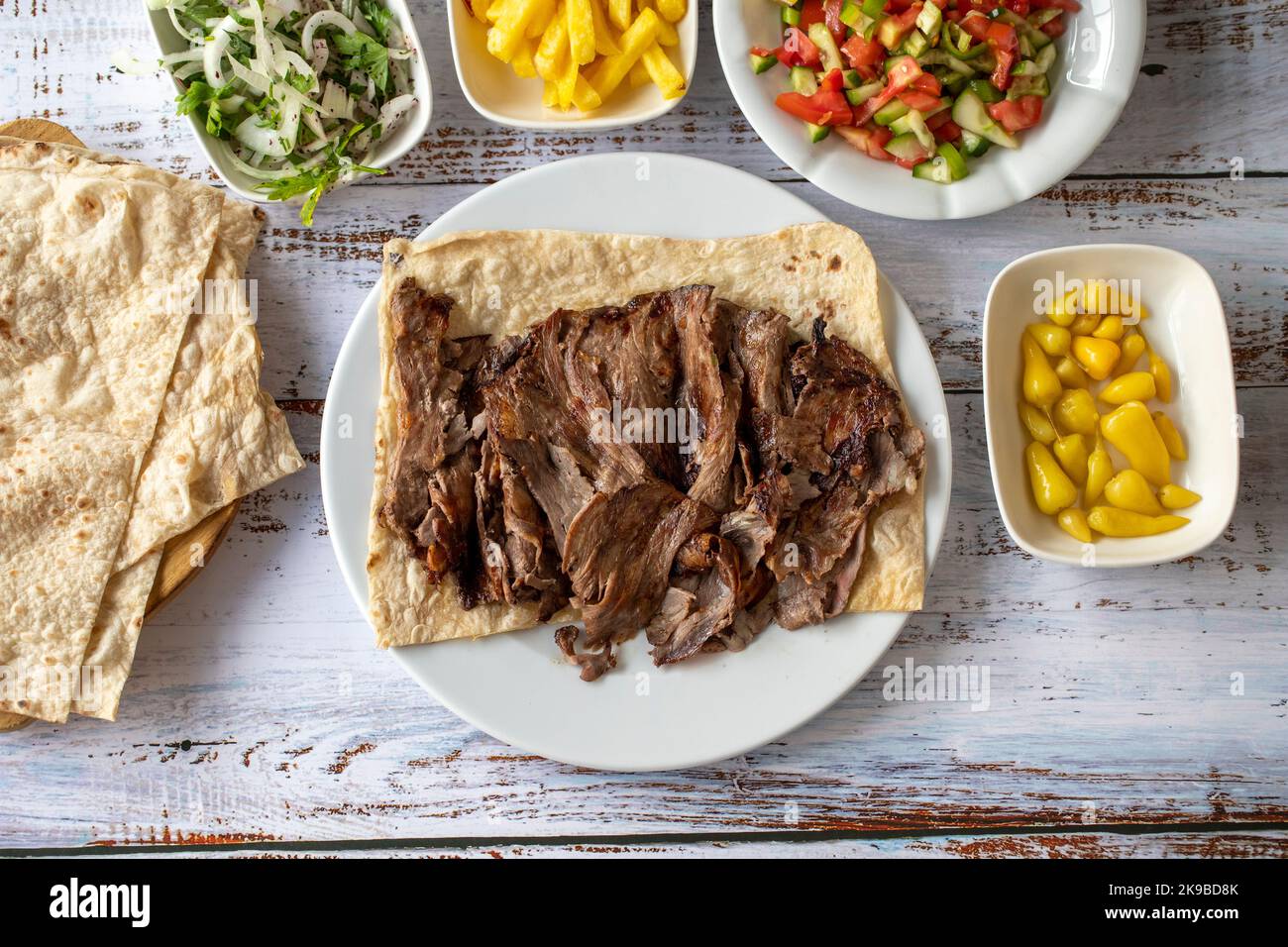 Turkish meat doner on wood background. Traditional flavors. Doner kebab ...