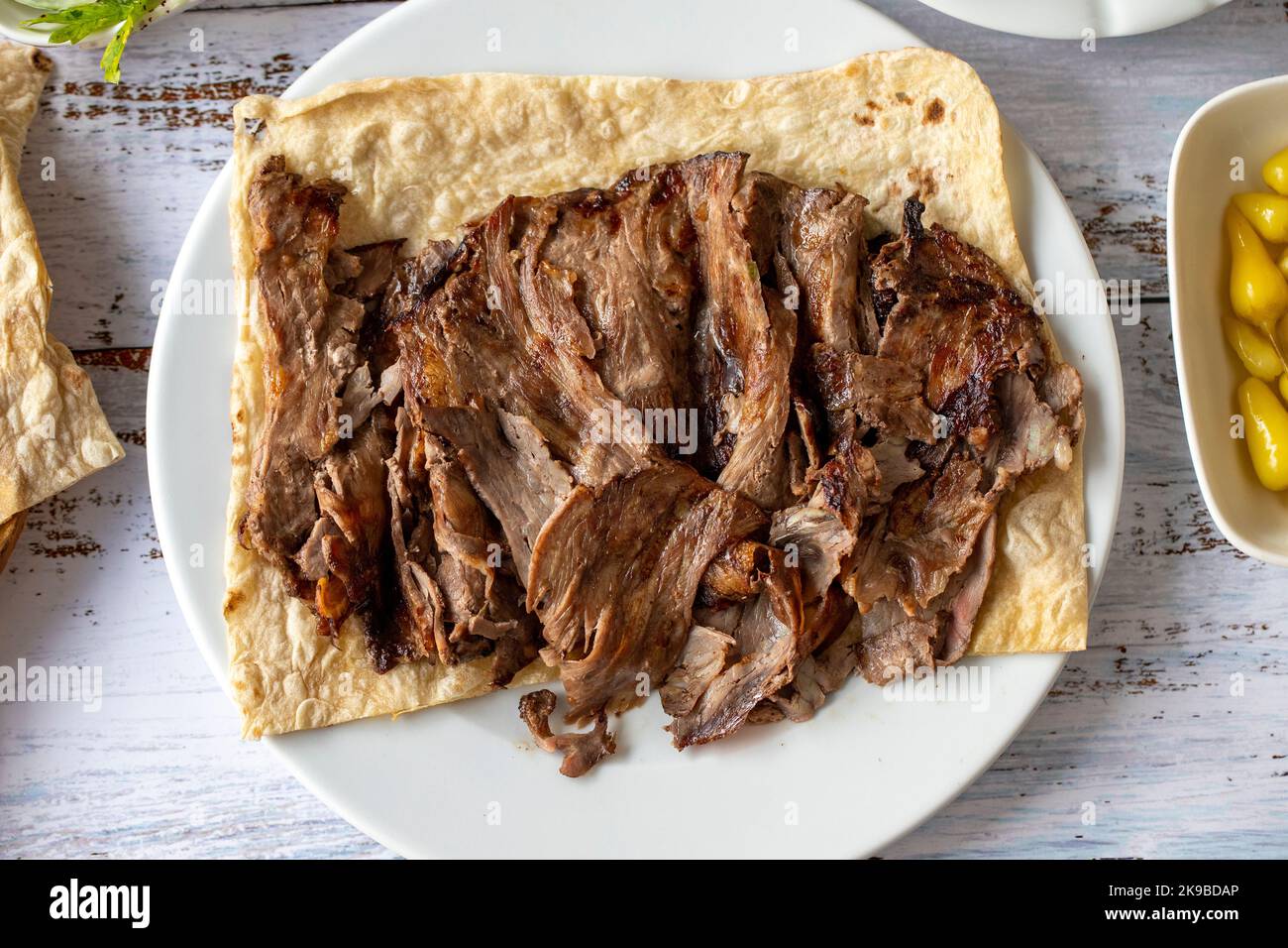 Turkish meat doner on wood background. Traditional flavors. Doner kebab ...