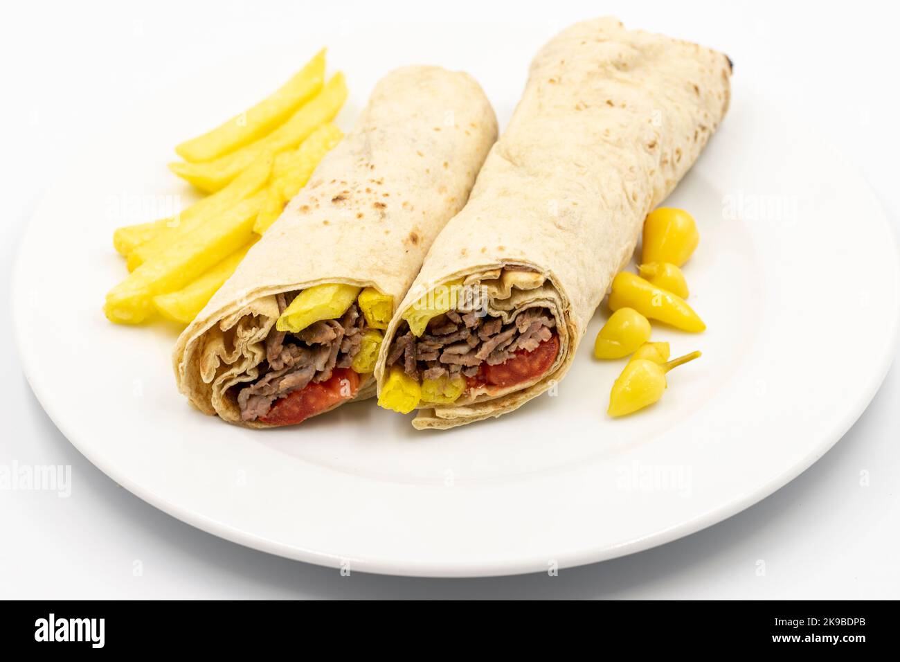 Turkish meat doner wrap isolated on white background. Traditional ...