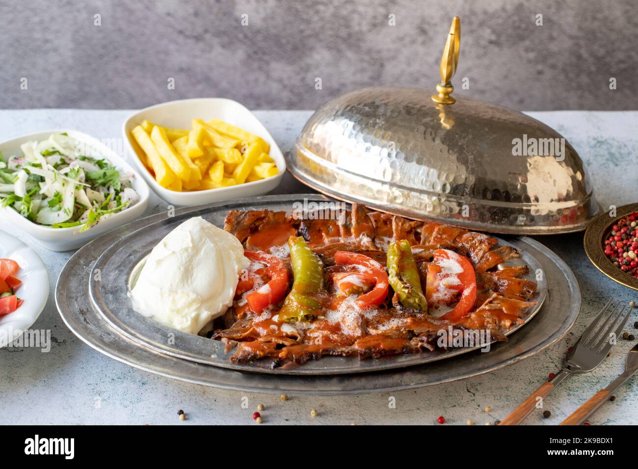 Turkish iskender kebab on gray background. Traditional flavors. Doner ...