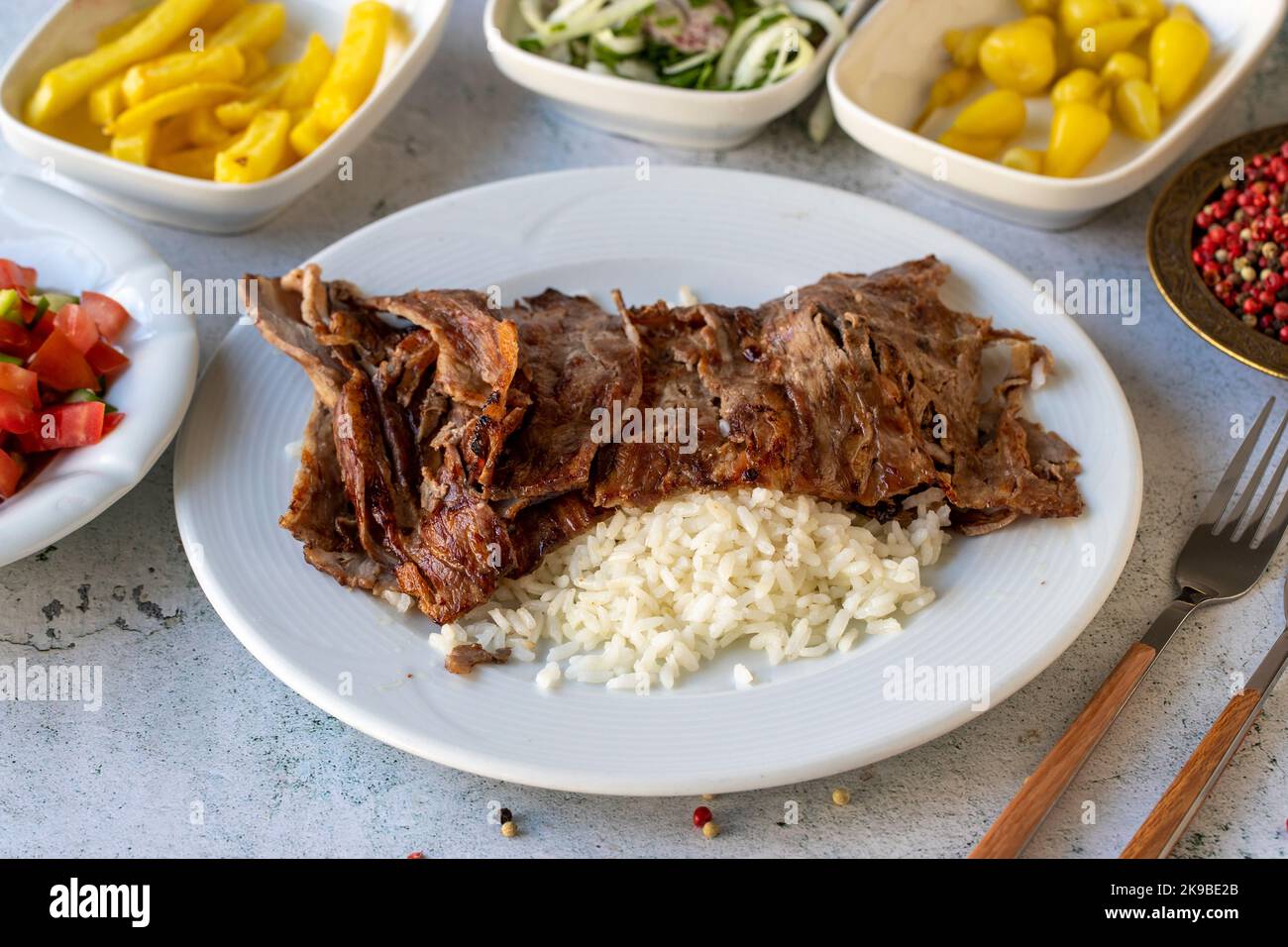Meat doner with rice on gray background. Traditional flavors. Doner ...