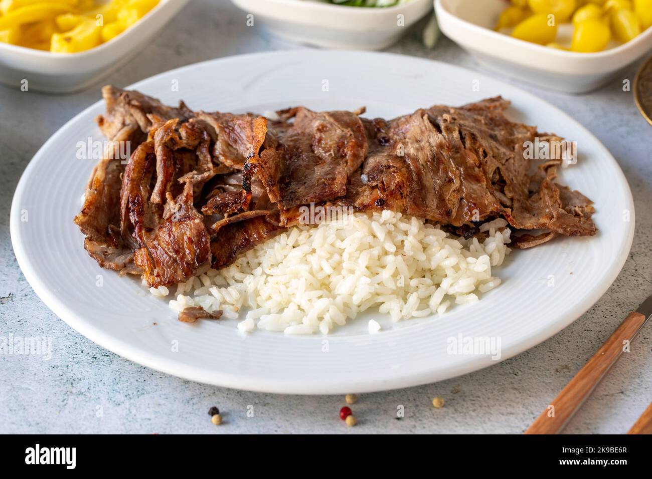 Meat doner with rice on gray background. Traditional flavors. Doner ...