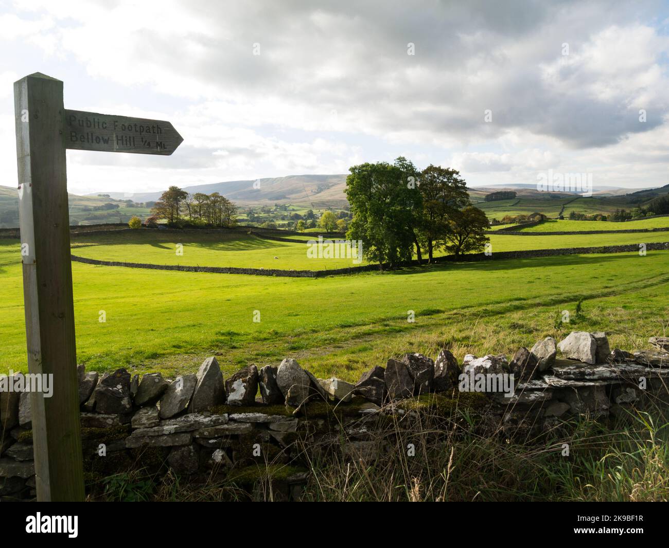 Roadside Public Footpath sign pointing to Bellow Hill from Muker ...