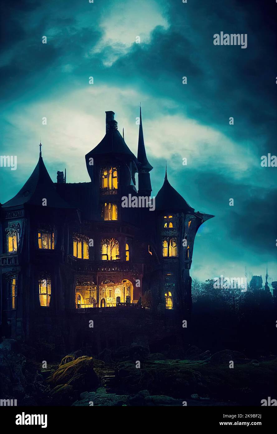 scary house on moonlight, old gothic castle Stock Photo - Alamy