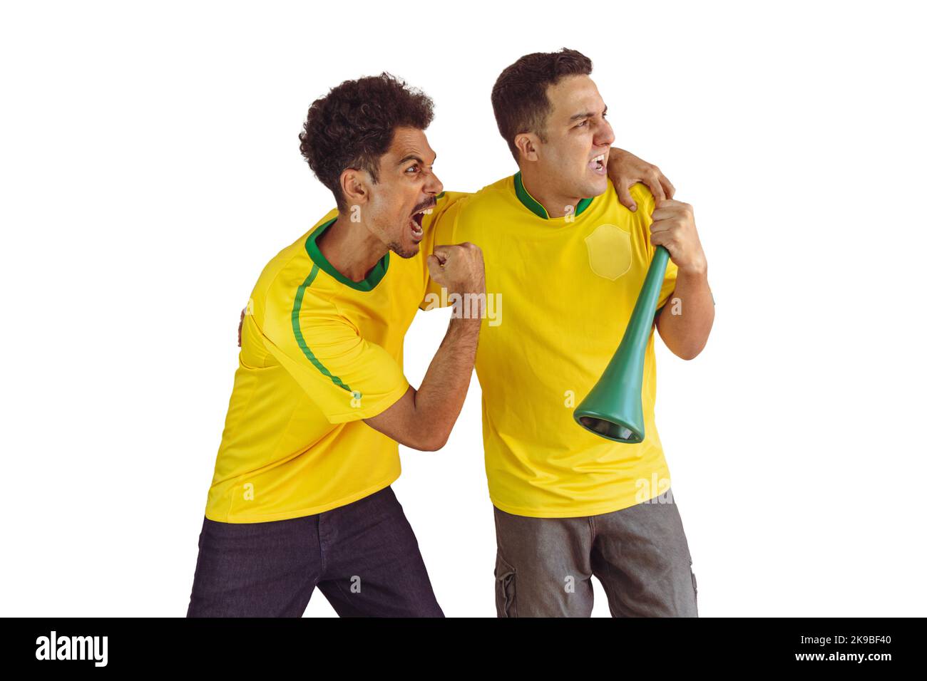 Black Brothers With Yellow Brazilian Shirt and Flag Cheering Isolates ...