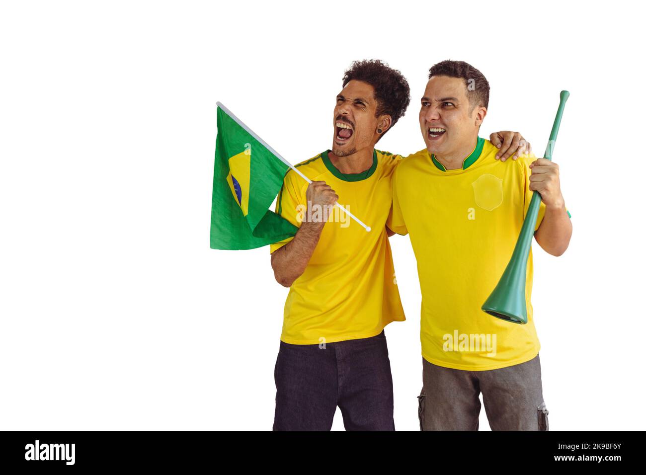 Black Brothers With Yellow Brazilian Shirt and Flag Cheering Isolates ...