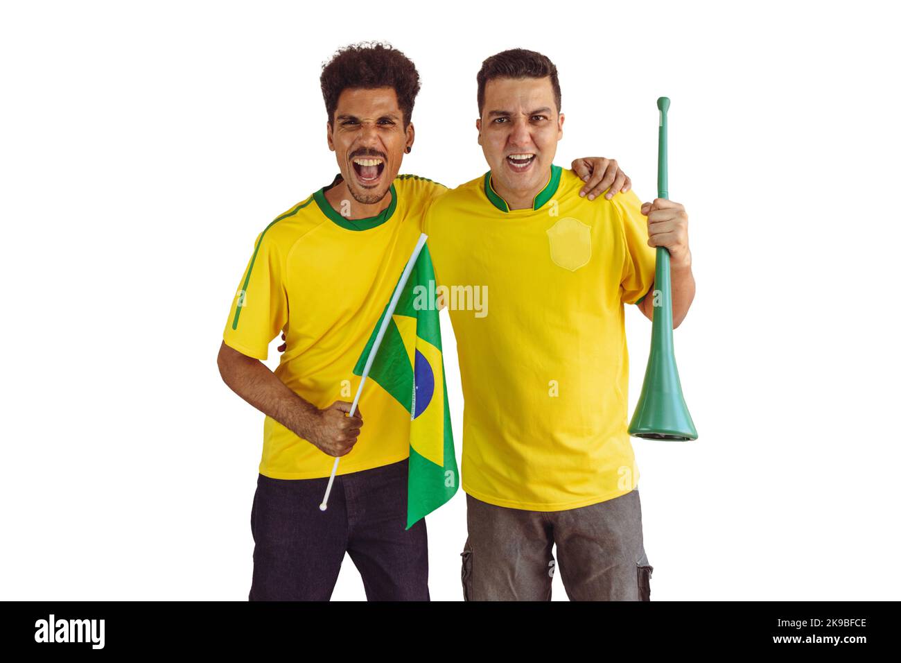 Black Brothers With Yellow Brazilian Shirt and Flag Cheering Isolates ...