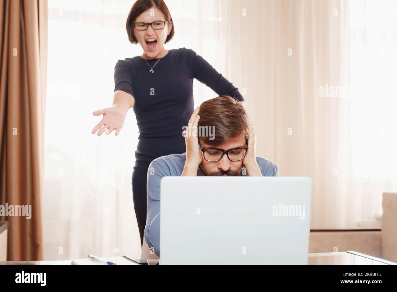 Portrait of attractive mad furious coworkers having fight crisis ...