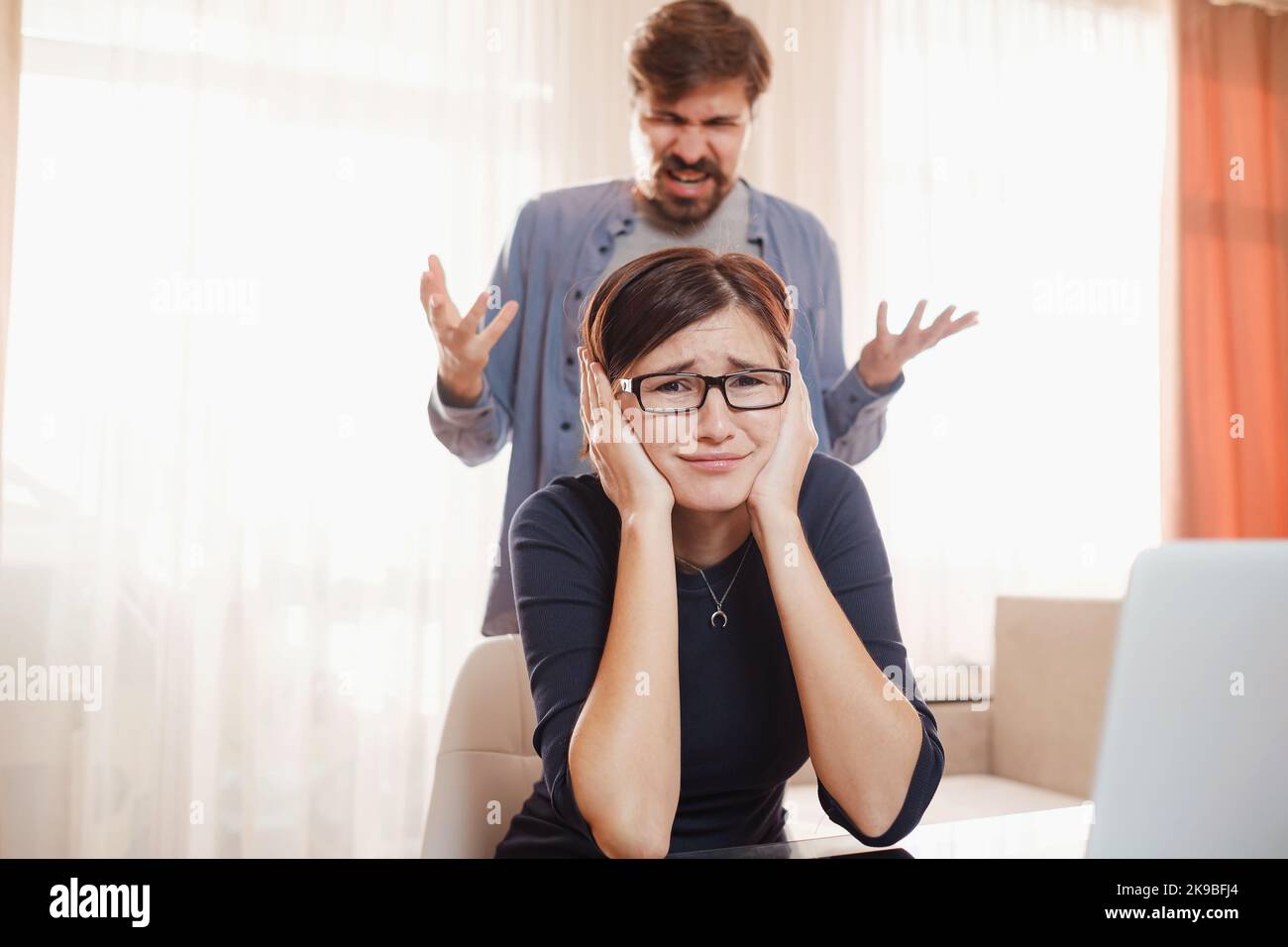 Portrait of attractive mad furious coworkers having fight crisis, scolding finance fail failure ...