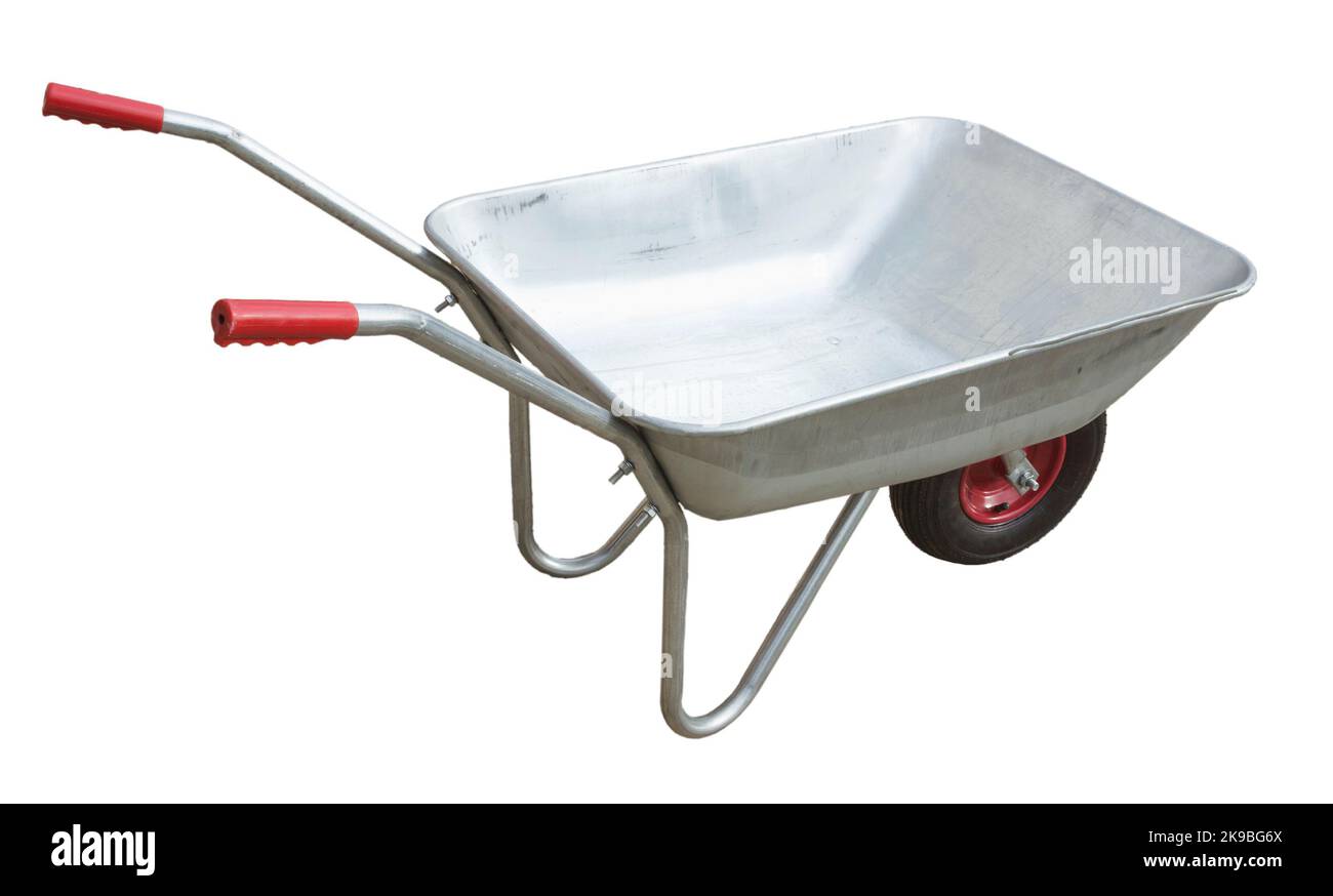 Wheelbarrow with galvanized body and one wheel isolated on white ...