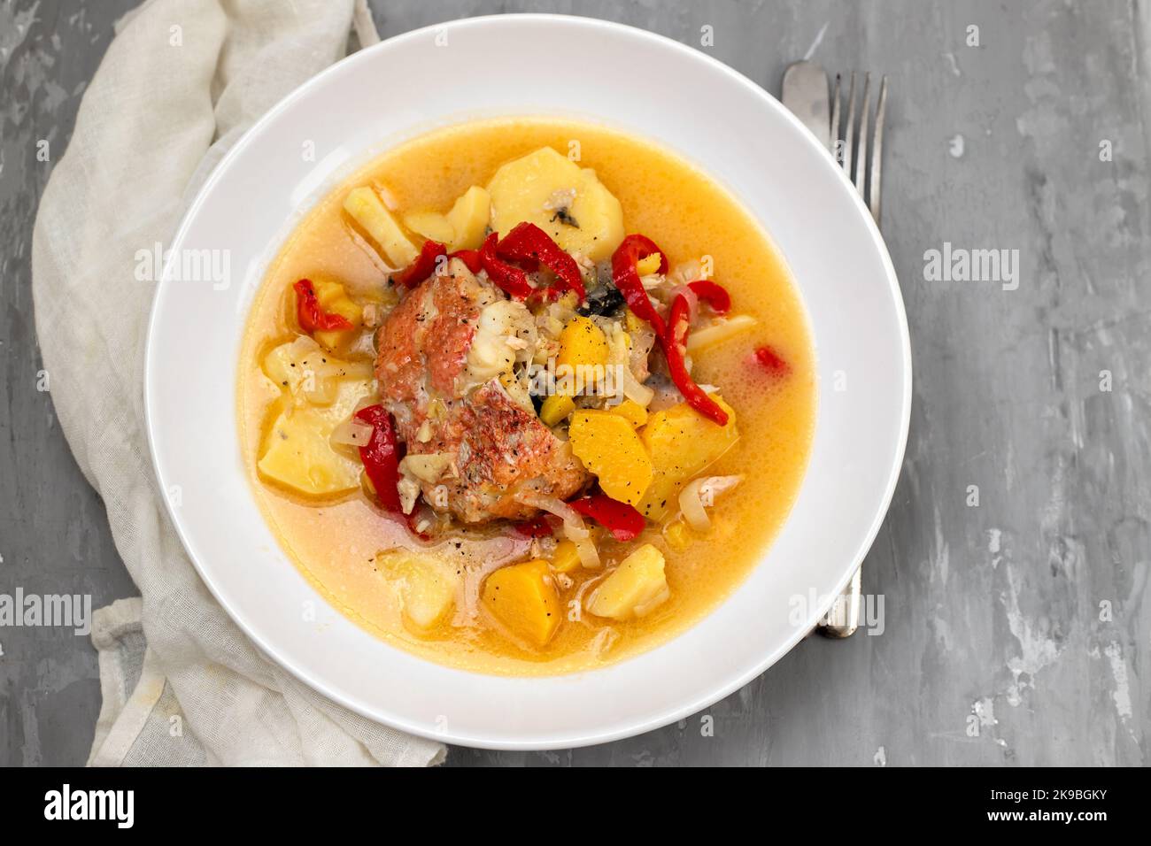 typical portuguese fish stew caldeirada on white plate on ceramic Stock ...