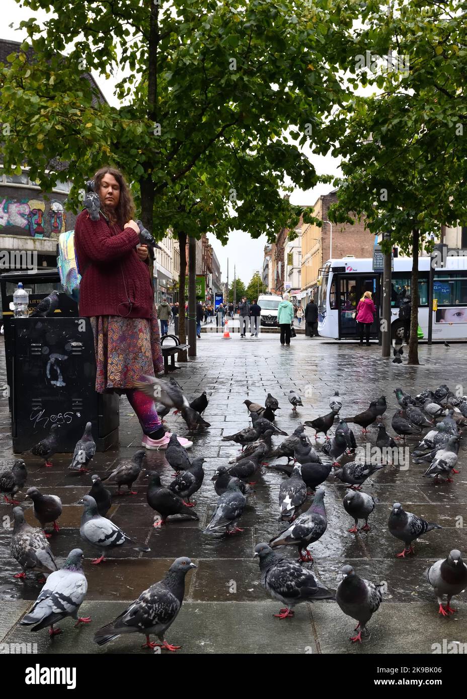 A woman feeds feral pigeons on Sauchiehall Street, Glasgow, Scotland ...