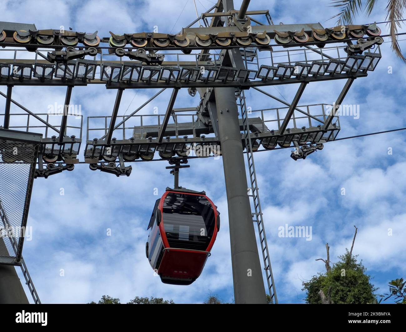 Close-up view of the cable car gondola lift system at Sentosa ...