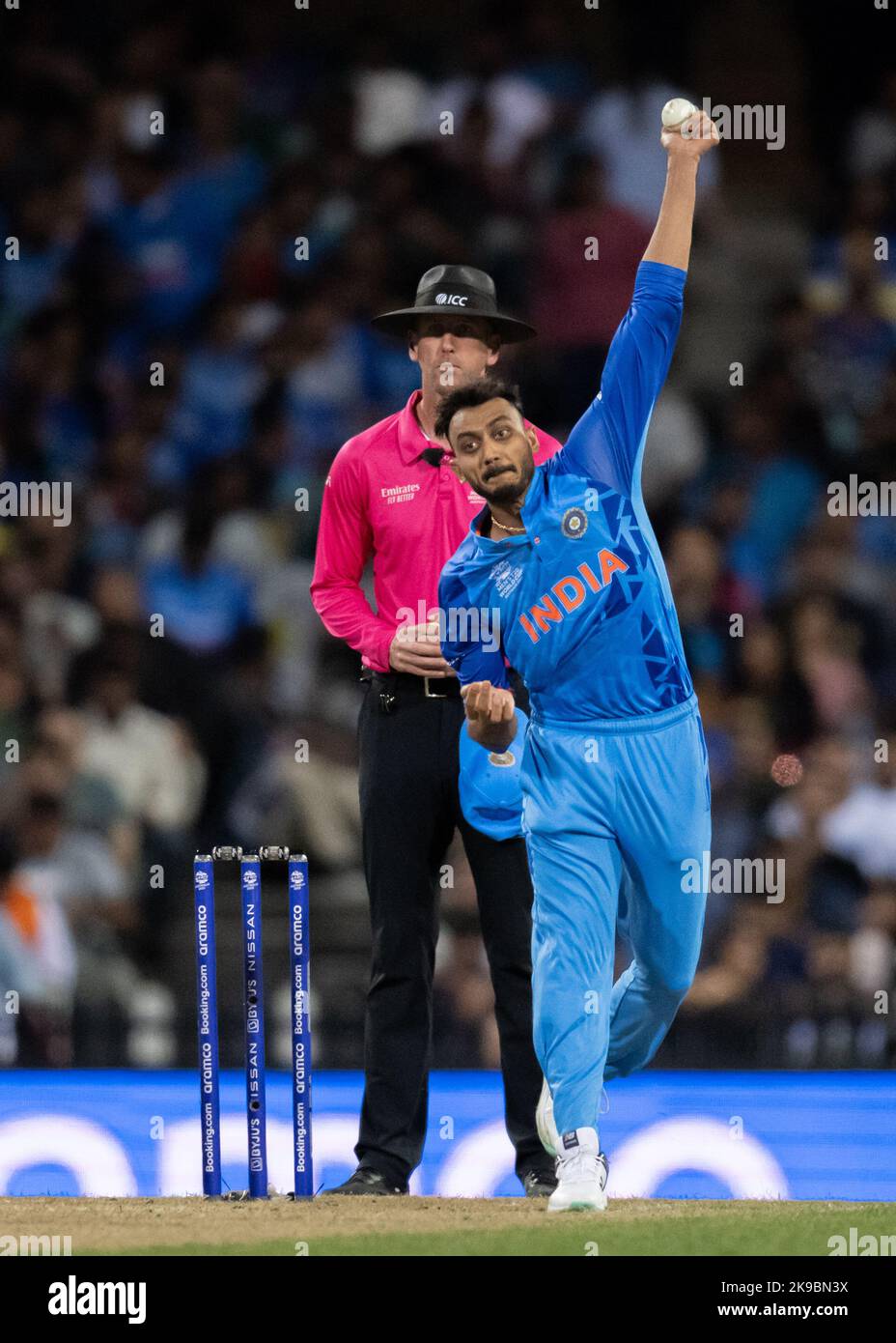 Axar Patel of India bowls during the ICC men's Twenty20 World Cup 2022 ...