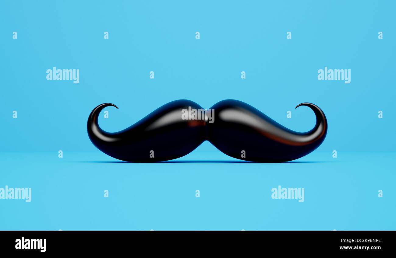 black shiny mustache facial hair against a blue background. 3D ...