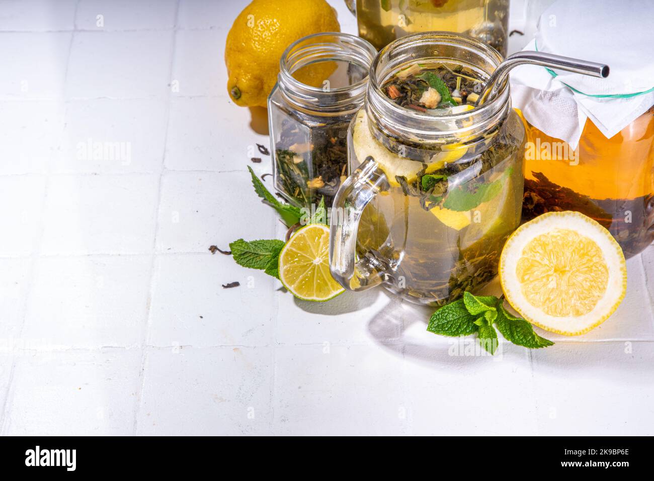 Homemade cold brew tea. Set of various healthy summer drink, cold slow ...