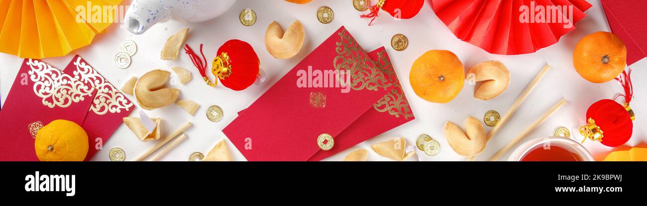Chinese new year background. Red and golden yellow flatlay with ...