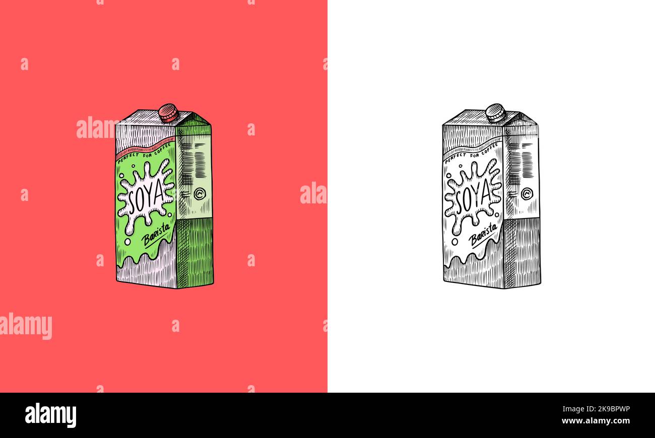 Soy milk in a package. Detailed vegetarian food and leaves drawing ...