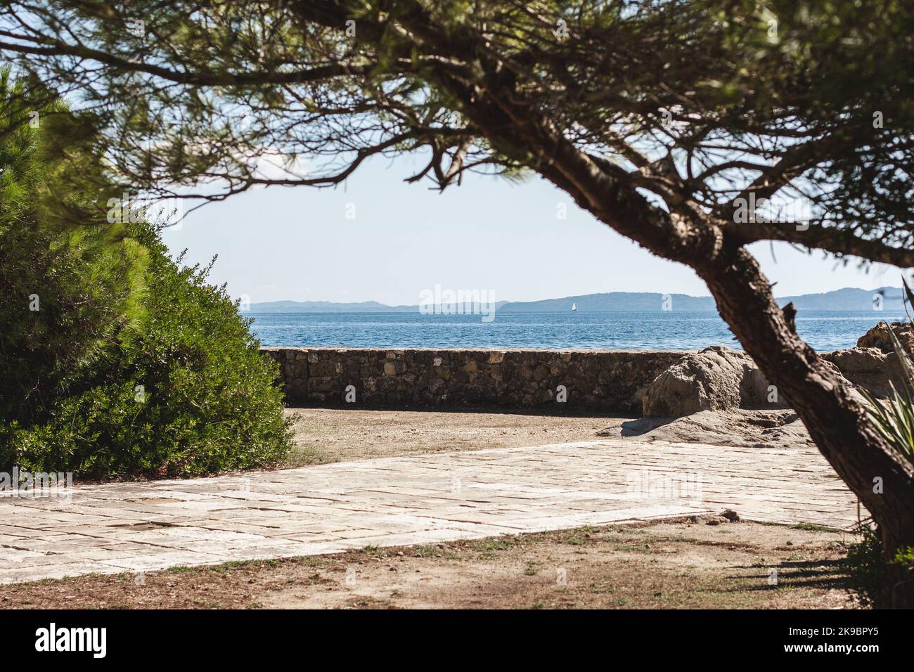 Corfu, Greece. A view of a tourist resting place with a concrete base ...