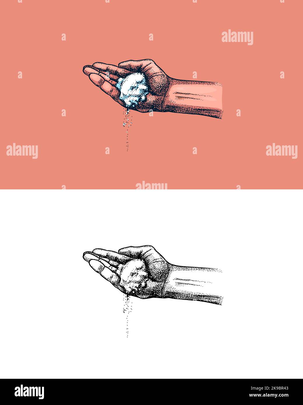 Humans hand pinching sea salt. Sprinkling spices. seasoning line art of ...