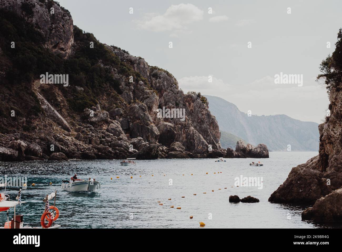 Corfu, Greece 2022.10.04. Huge sand rock cliffs through which a water ...
