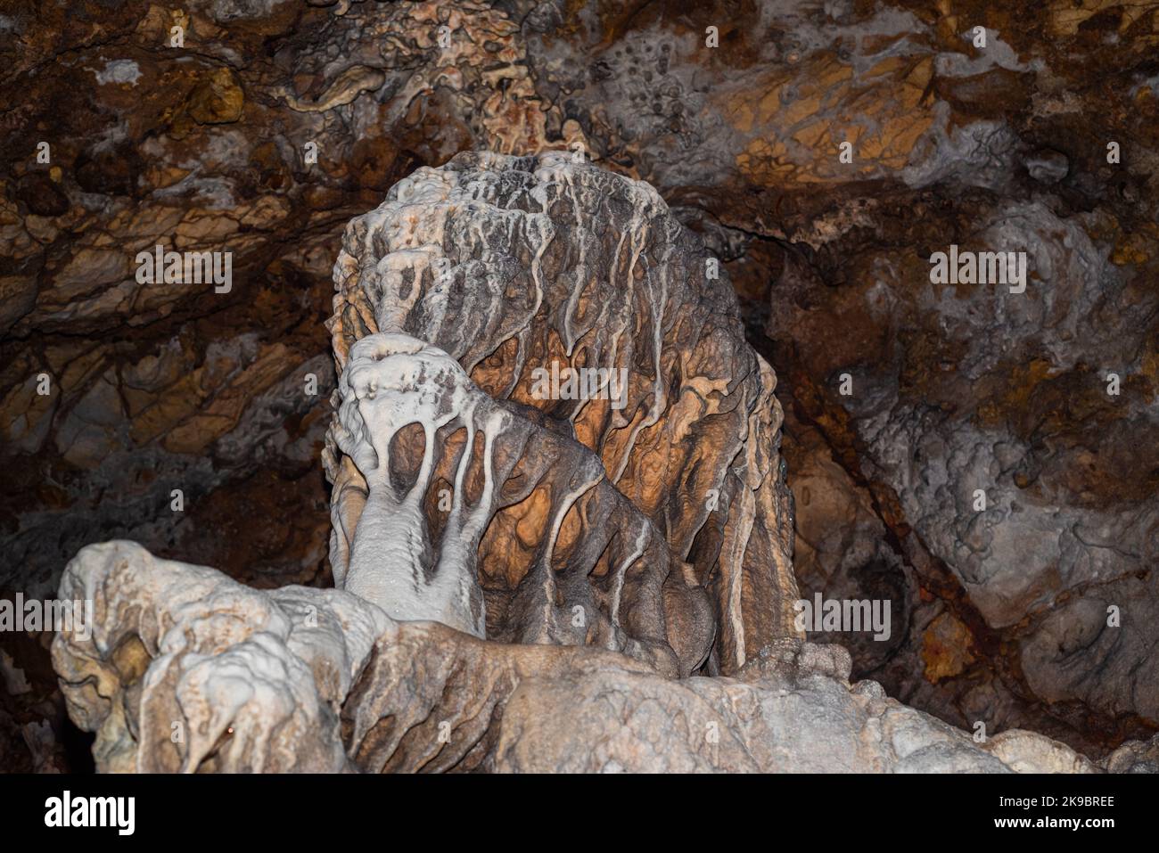 Inkaya cave in Izmir. Close up view cave formations. Guzelbahce, Yelki ...