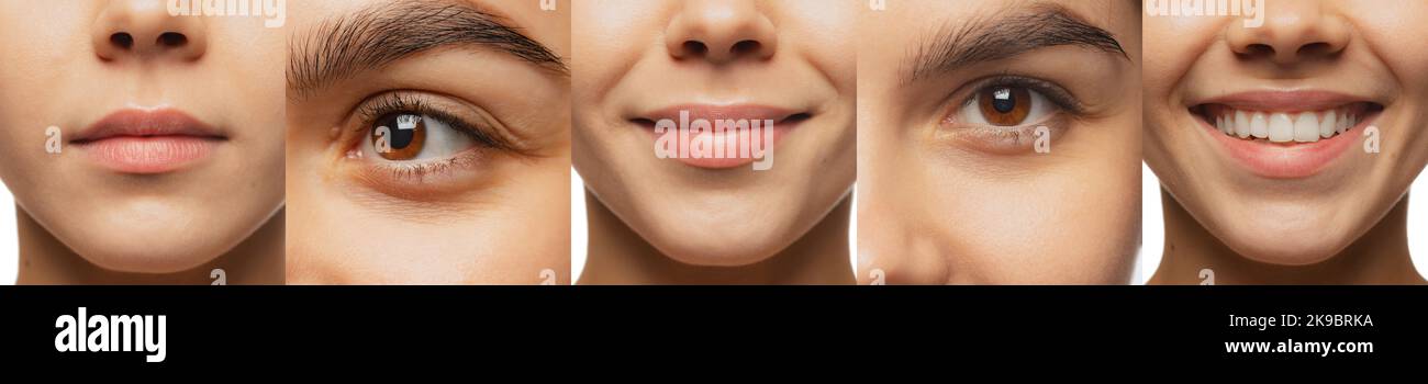 Collage. Cropped female body parts of shoulder, lips, eye and cheek ...