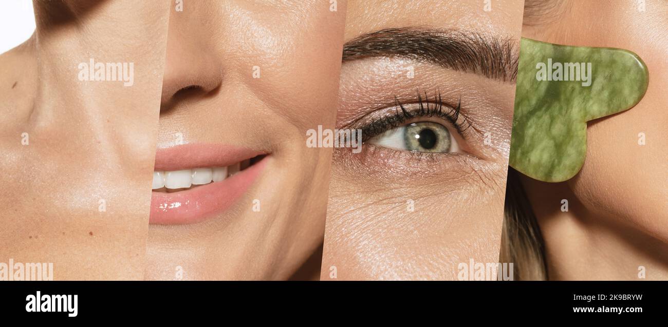 Collage. Cropped female body parts of shoulder, lips, eye and cheek ...