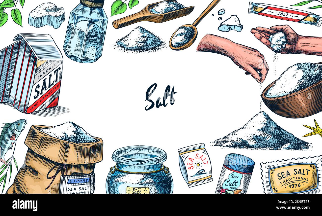 Sea salt poster or banner. Glass bottles, packaging and and leaves ...