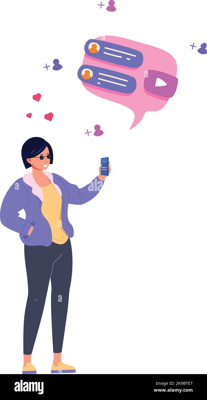 Social media active person. Young woman with smartphone isolated on ...