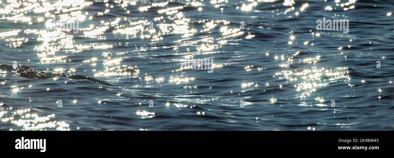 Shiny blue sea water with bright shiny sunbeams, natural panoramic ...