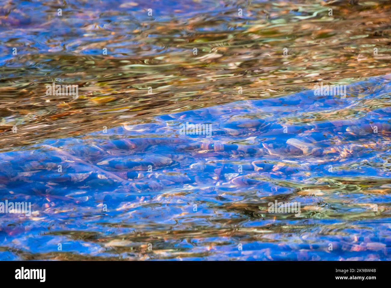 Shallow water surface with ripple reflections and pebble on a seabed ...