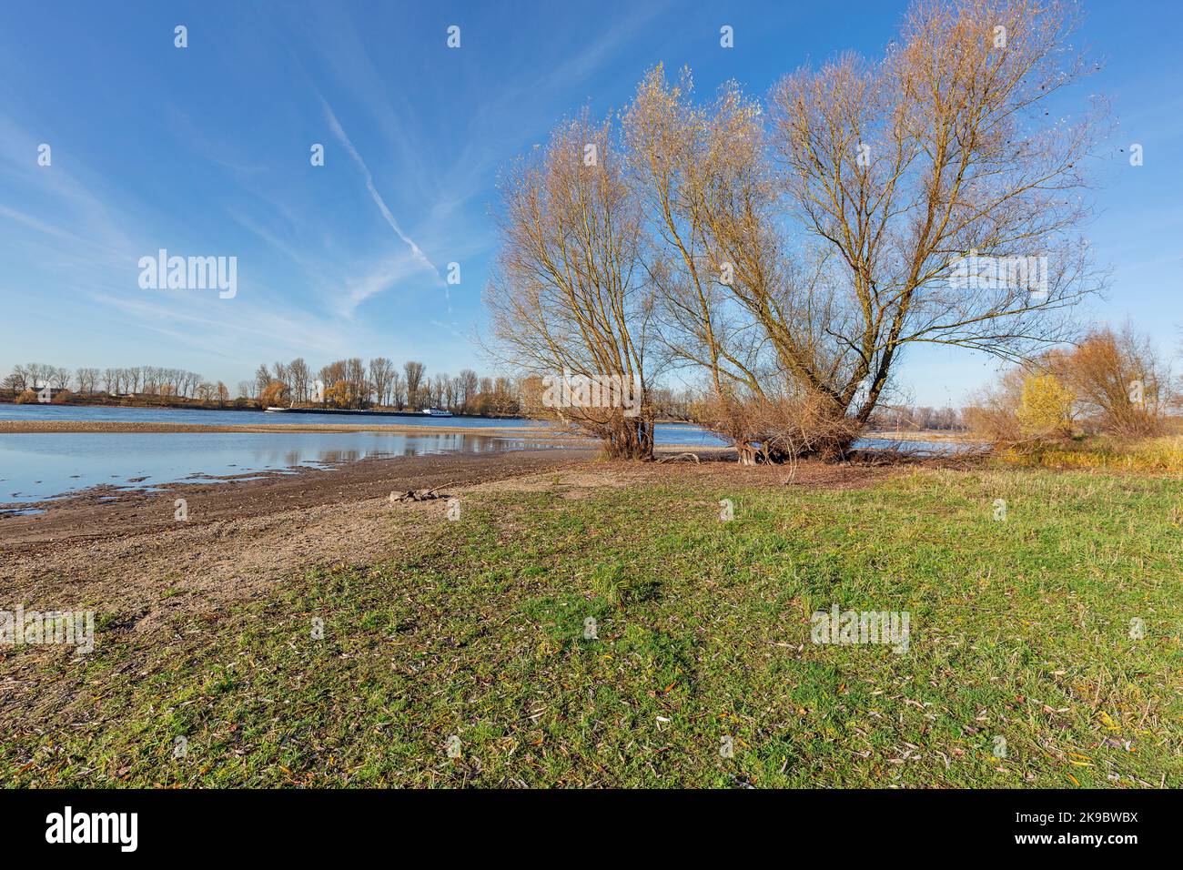 Duesseldorf - View to Vessel on River Rhine passing at Urdenbach, which ...