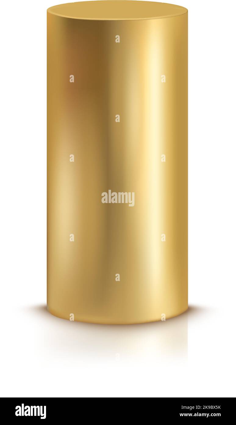 Golden pillar mockup. Metal cylinder realsitic column isolated on white ...