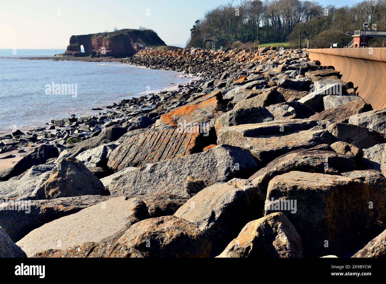 Rock armour along the seawall at Dawlish Warren, looking towards ...