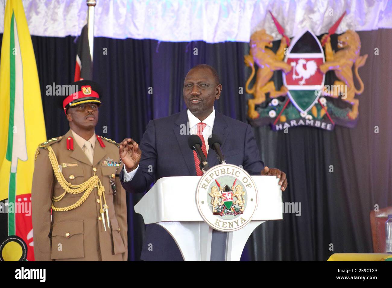 Nairobi, Kenya. 27th Oct, 2022. President William Ruto speaks after presiding over the swearing ...